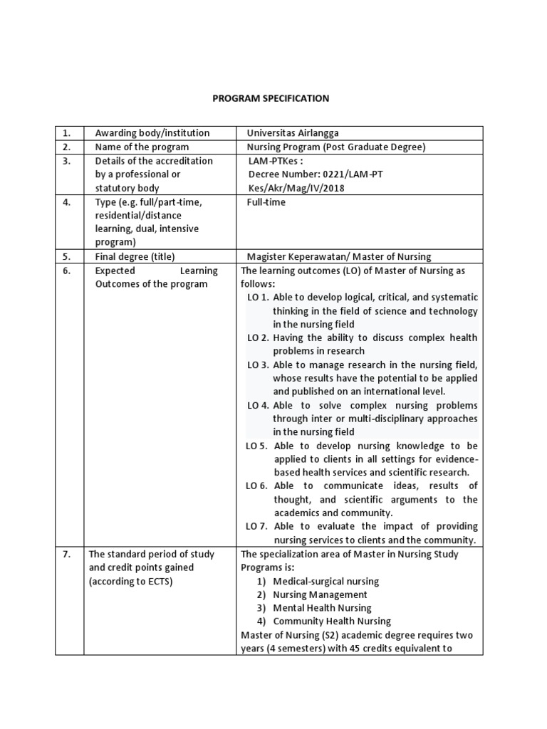 Program Specification Master of Nursing | PDF | Master's Degree ...