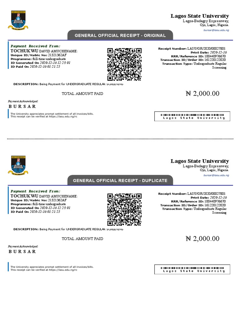 Receipt For TOCHUKWU DAVID - Payment For UNDERGRADUATE REGULAR ...