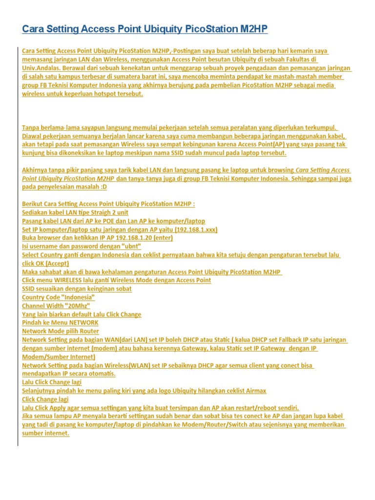 Cara Setting Access Point Ubiquity PicoStation M2HP | PDF