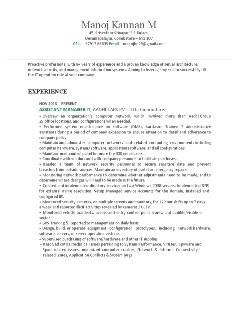 Manoj Kannan M: Experience | PDF | Local Area Network | Server (Computing)