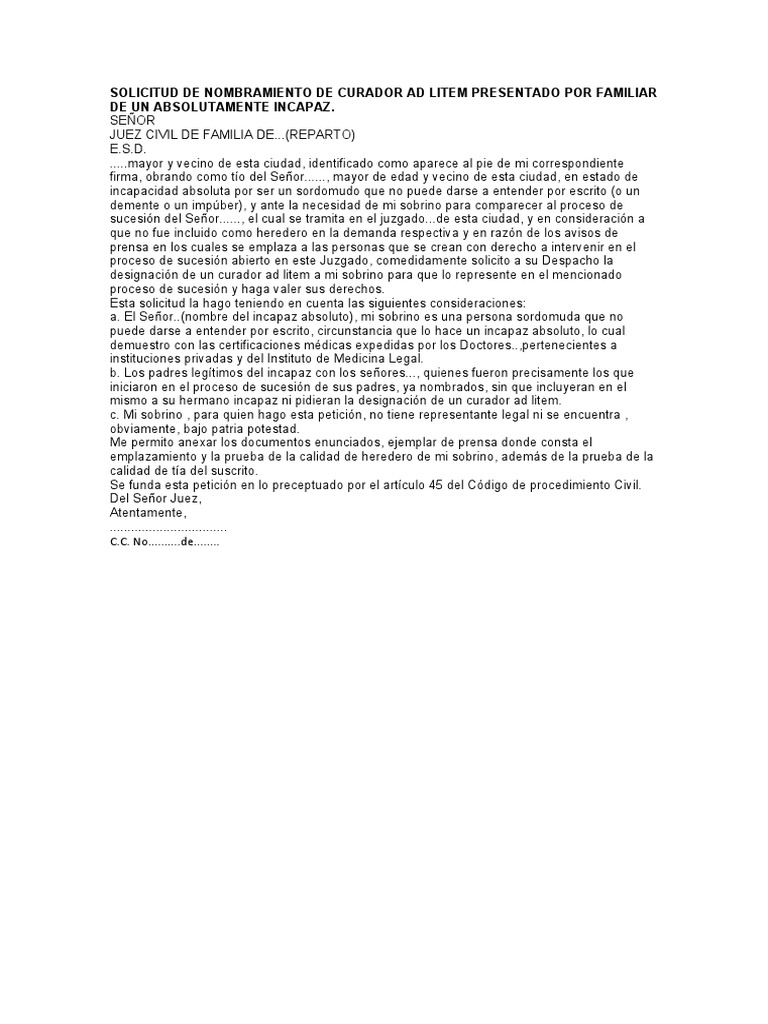 Solicitud de Nombramiento de Curador Ad Litem Presentado Por Familiar ...