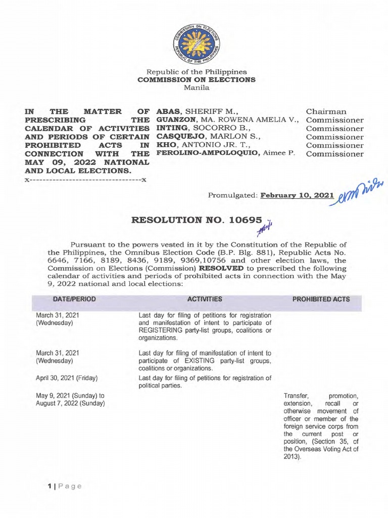 Commission On Elections Resolution No. 10695 | PDF