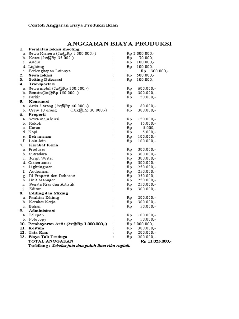 Contoh Anggaran Biaya Produksi Iklan | PDF