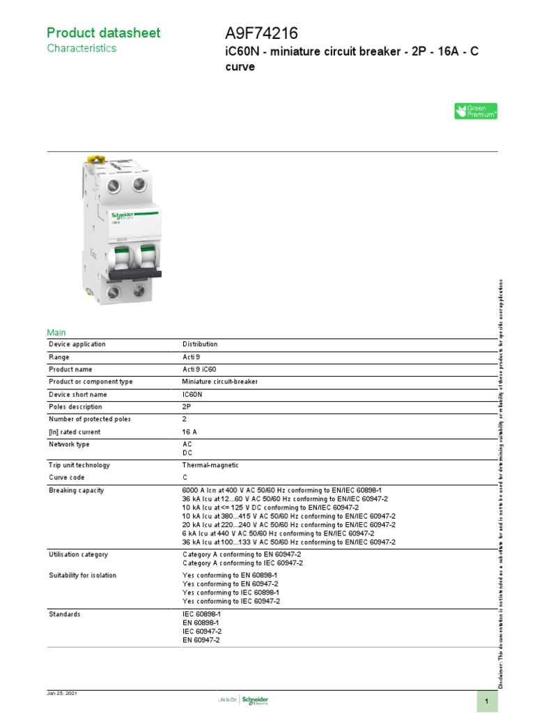 Product Datasheet for the A9F74216 iC60N Miniature Circuit Breaker with ...