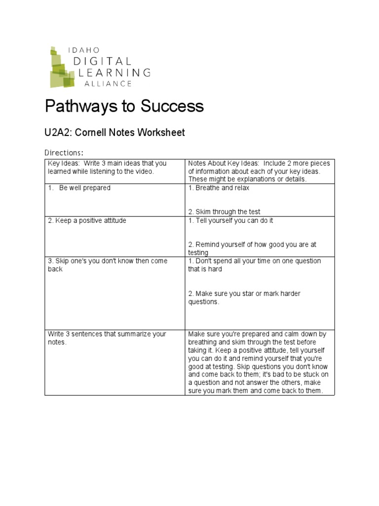 Pathways To Success: U2A2: Cornell Notes Worksheet | PDF