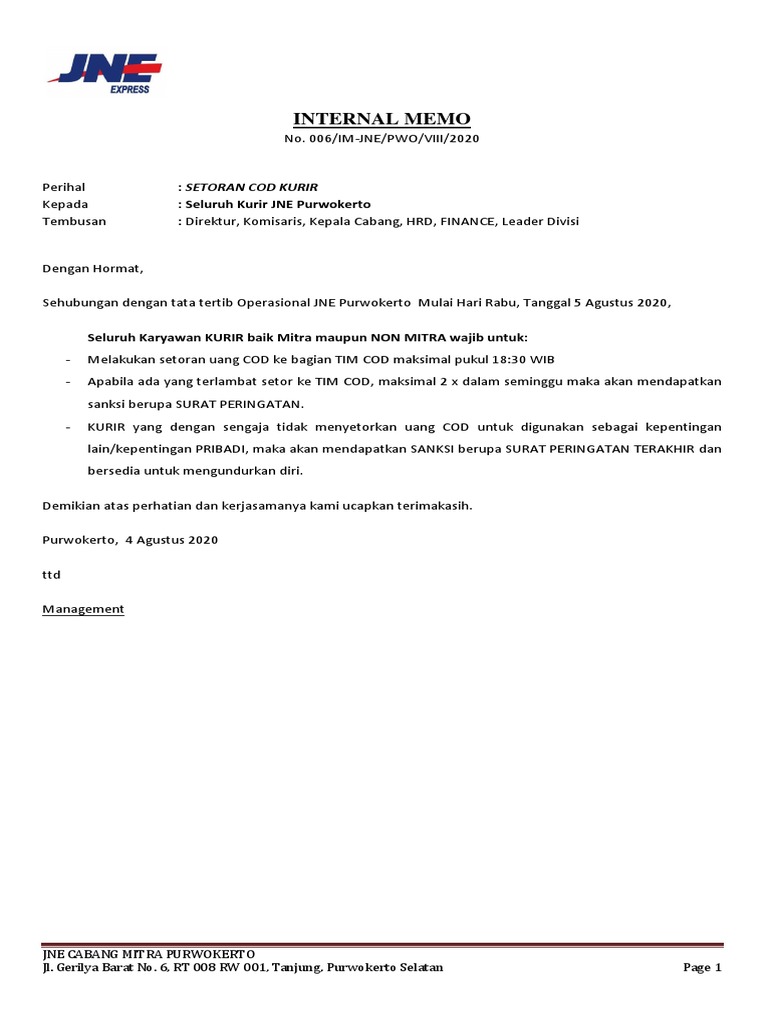 Internal Memo Penyetoran Uang COD | PDF