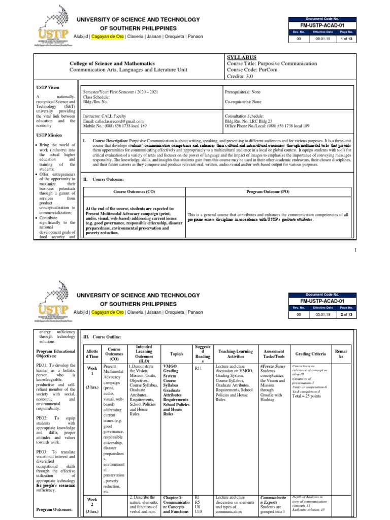 Purposive Communication Syllabus SY 2020 2021 | PDF | Cross Cultural ...
