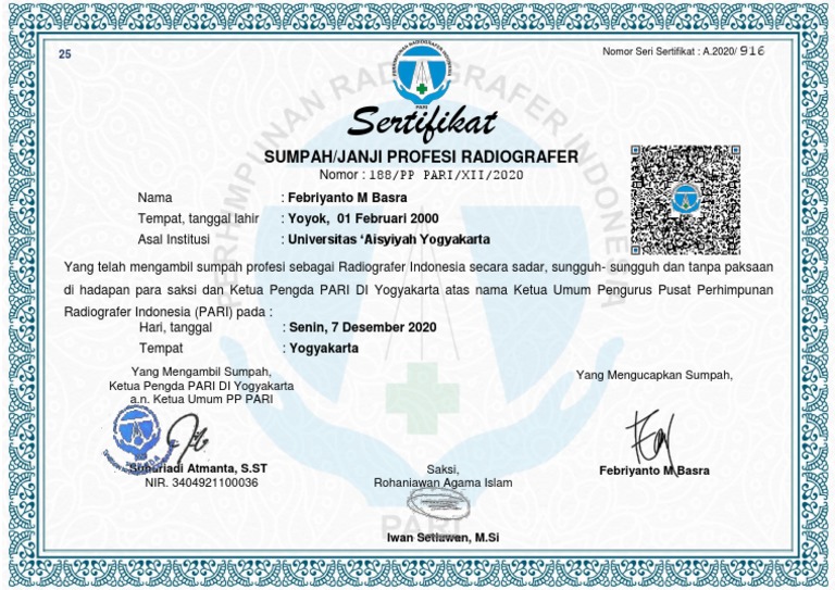 Sertifikat: Sumpah/Janji Profesi Radiografer | PDF