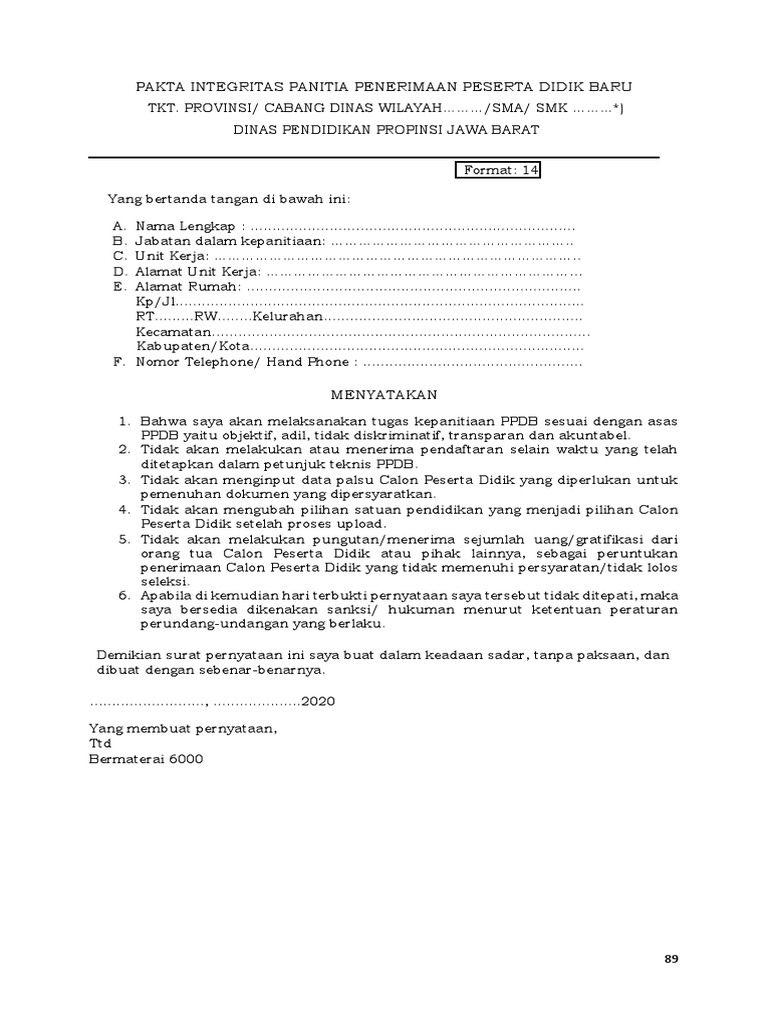 Surat Pakta Integritas Panitia | PDF