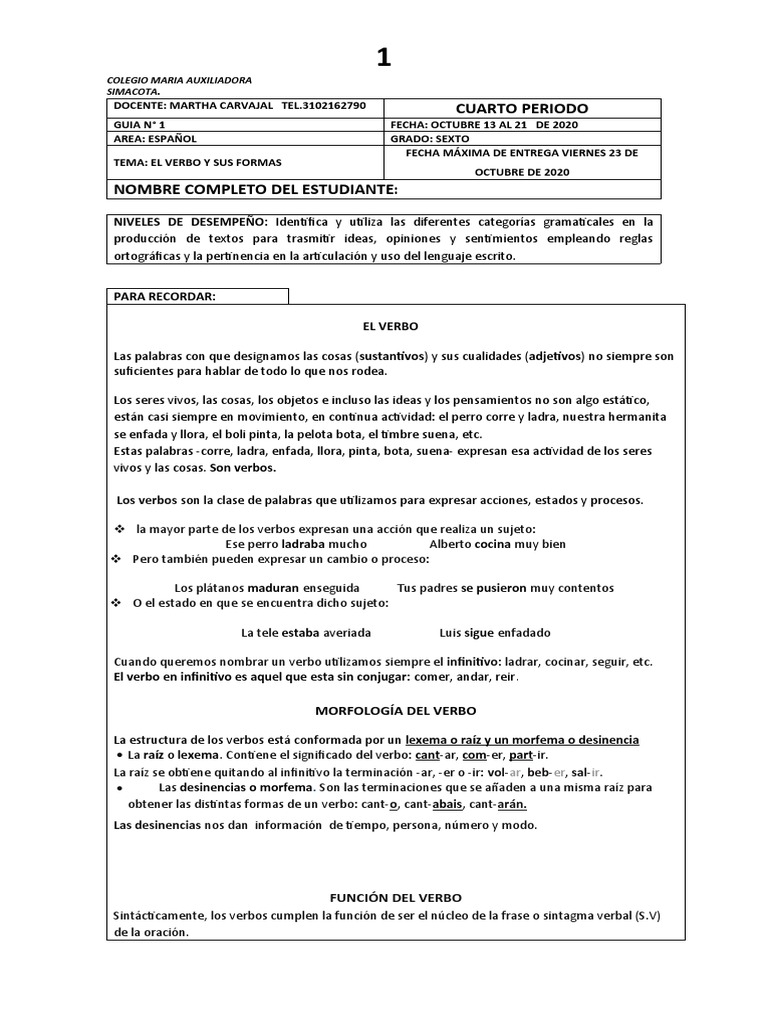 Guía sobre el Verbo para Sexto Grado | PDF | Verbo | Conjugación gramatical