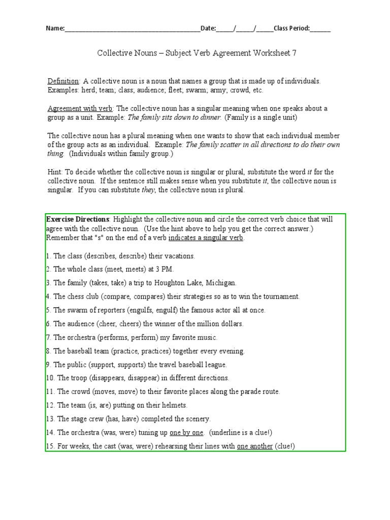 Collective Nouns - Subject Verb Agreement Worksheet 7: Thing ...