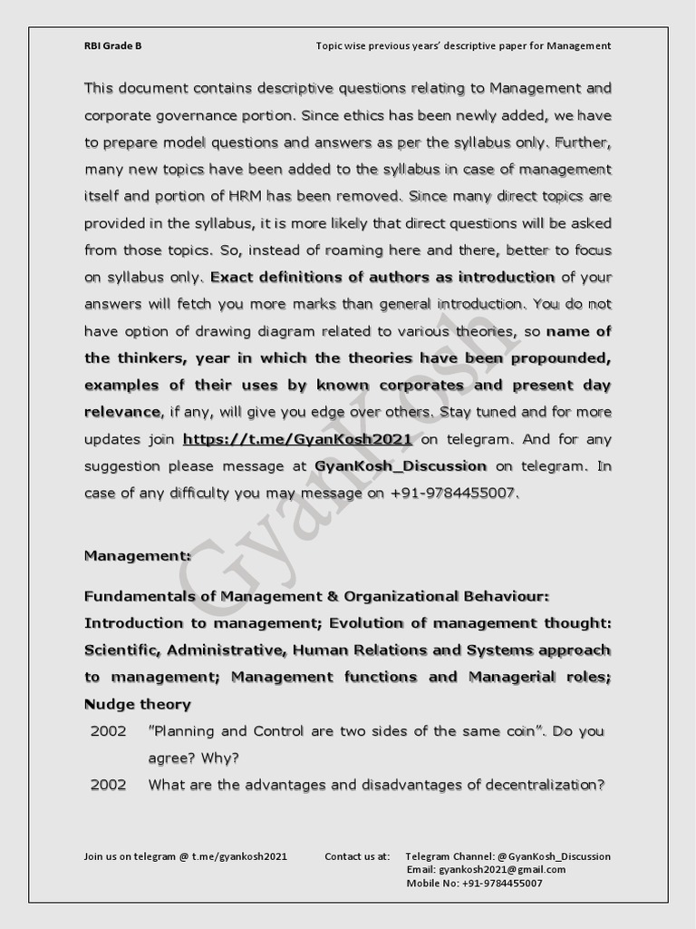 RBI Grade B Management Prep | PDF | Leadership | Organizational Behavior