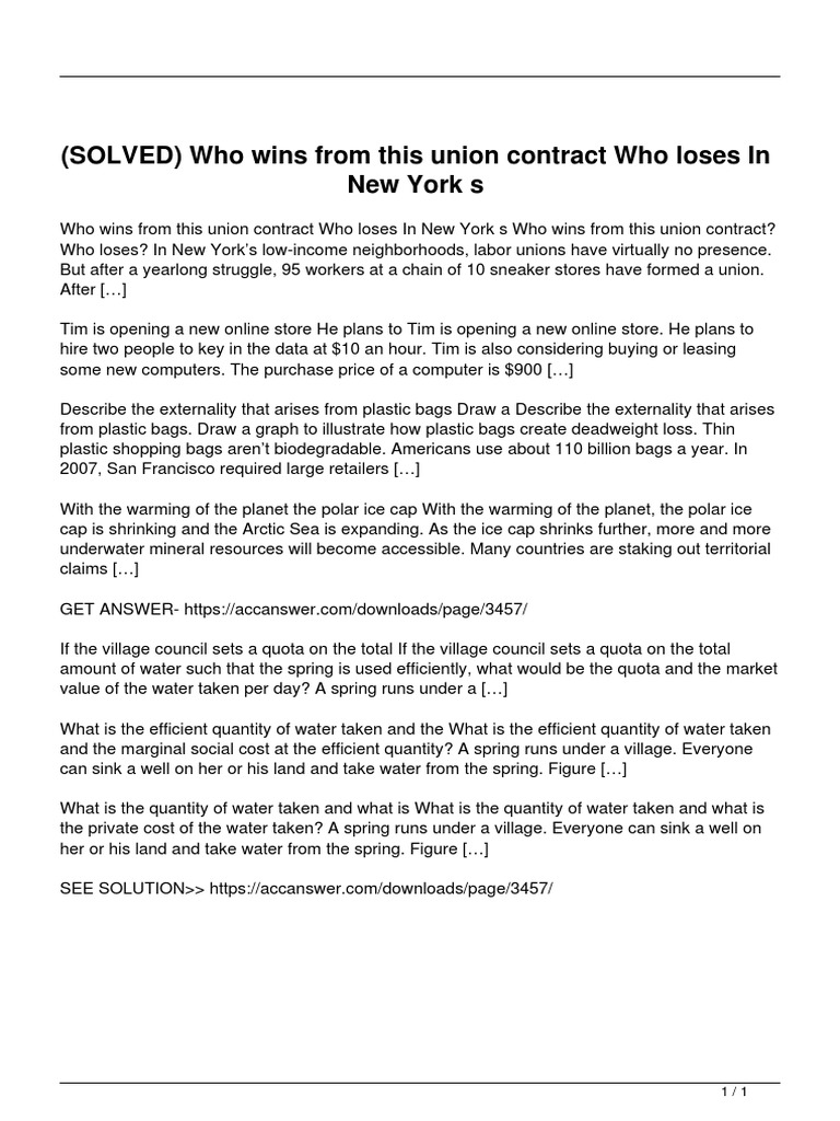 Solved Who Wins From This Union Contract Who Loses in New York S | PDF ...
