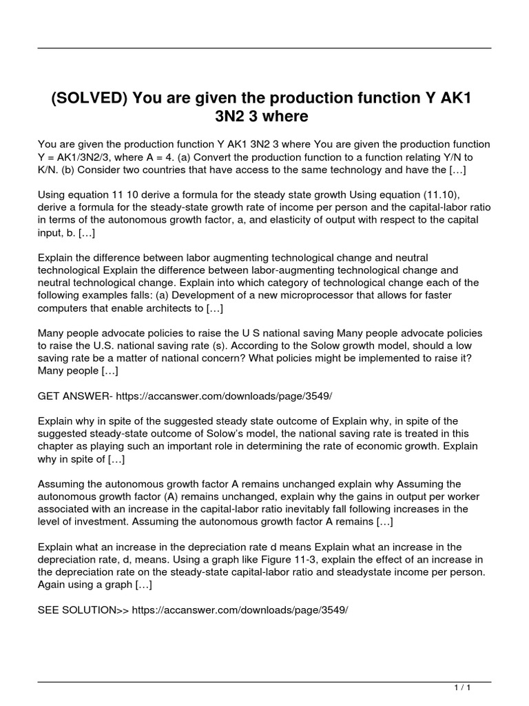 Solved You Are Given The Production Function y Ak1 3n2 3 Where | PDF ...