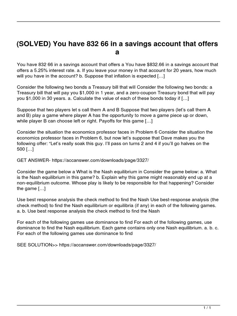 Solved You Have 832 66 in A Savings Account That Offers A | PDF ...