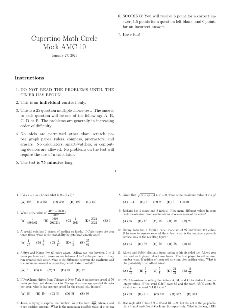 Cupertino Math Circle Mock AMC 10: Instructions | PDF | Triangle | Geometry