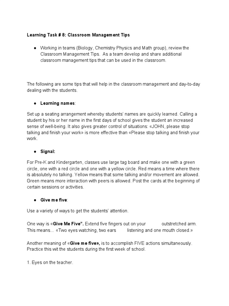 Learning Task # 8 - Classroom Management Tips | PDF | Classroom ...