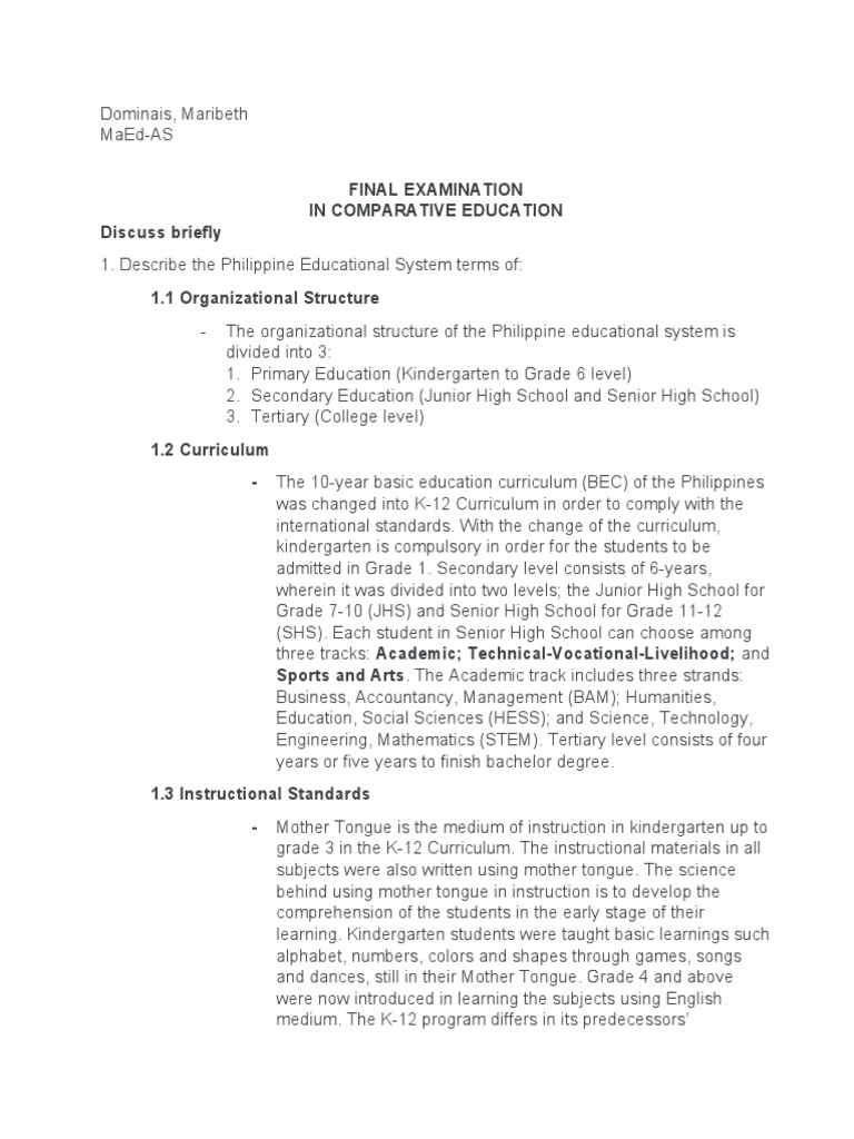 Comparative Education Final Exam Guide | PDF | Middle Schools | Schools