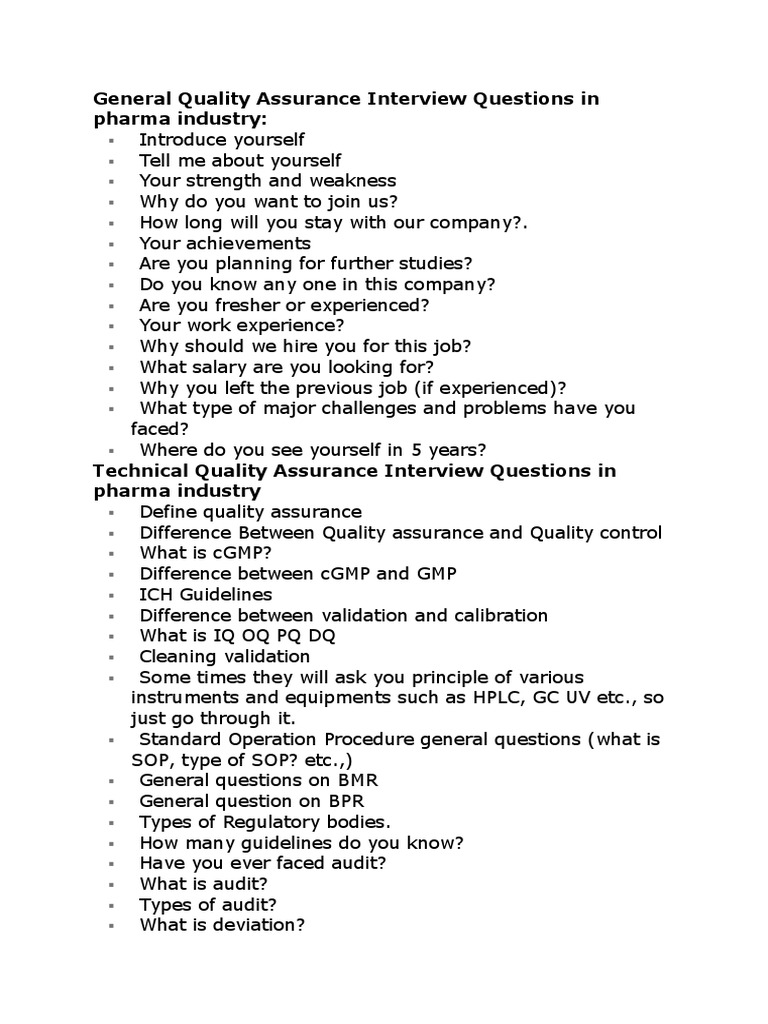 General Quality Assurance Interview Questions in Pharma Industry | PDF