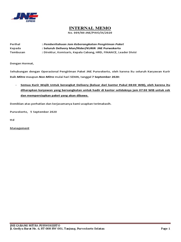 Internal Memo Keberangkatan Delivery | PDF