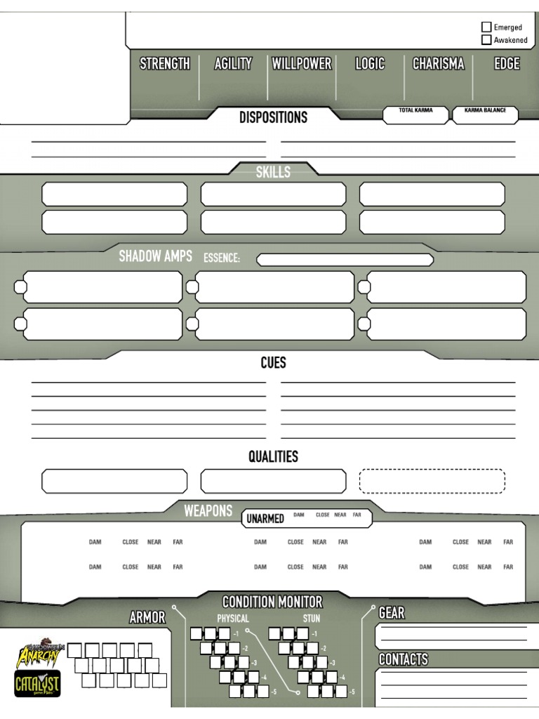 Anarchy Character Sheet (Form Fillable) | PDF