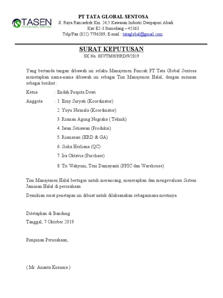 Surat Keputusan Tim Halal | PDF