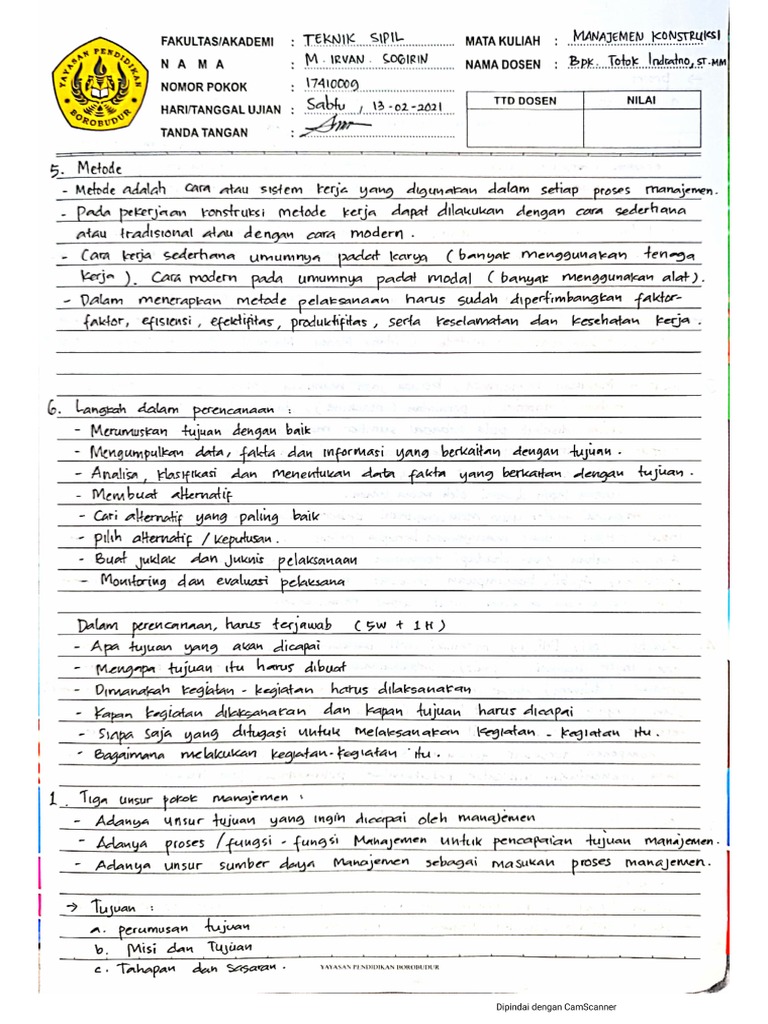 Uas Manajemen Konstruksi (Muhamad Irvan Sogirin 17410009) | PDF