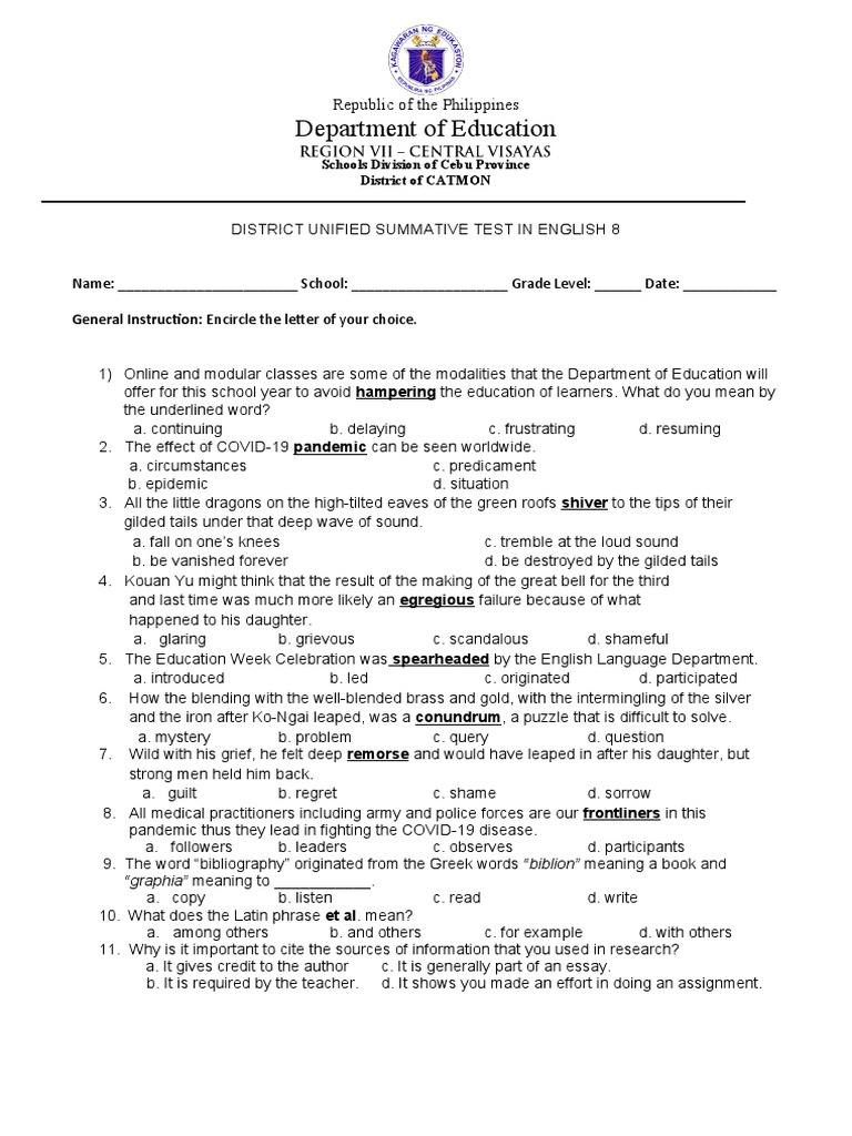 Quarter 1 Summative Test in English 8 | PDF | Books