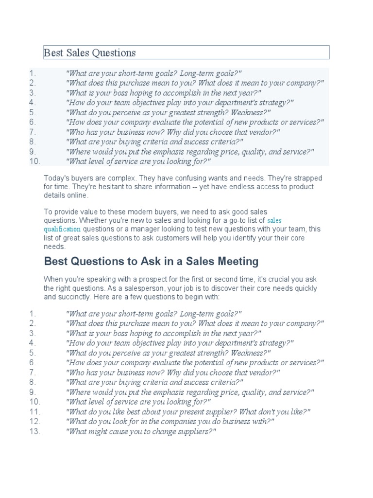 Best Sales Questions To Ask | PDF | Sales | Communication Best Sales Questions To Ask | PDF | Sales | Communication