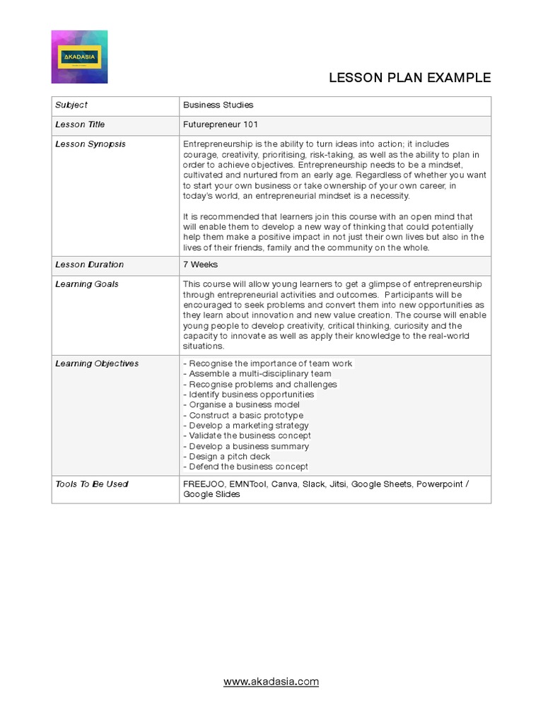 Lesson Plan Example: Subject Lesson Title Lesson Synopsis | PDF ...