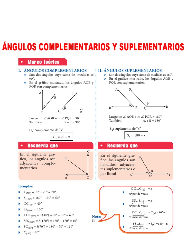 Ángulos Complementarios y Suplementarios | PDF | Ángulo | Matemática Elemental