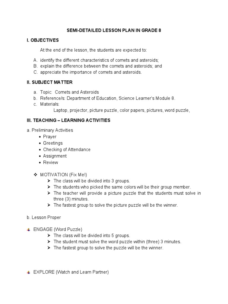 Semi-Detailed Lesson Plan in Grade 8 I. Objectives | Download Free PDF ...