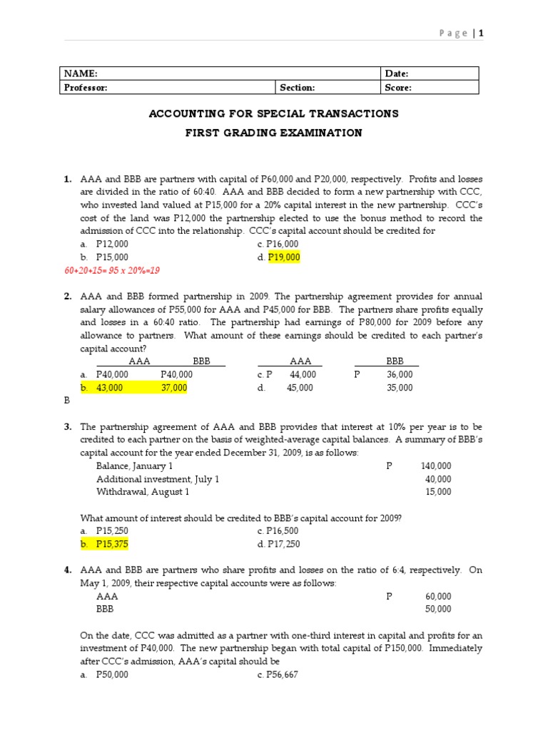 1st Grading Exam - Key Answers | PDF | Book Value | Balance Sheet