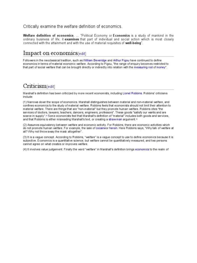 Critically Examine The Welfare Definition of Economics | PDF