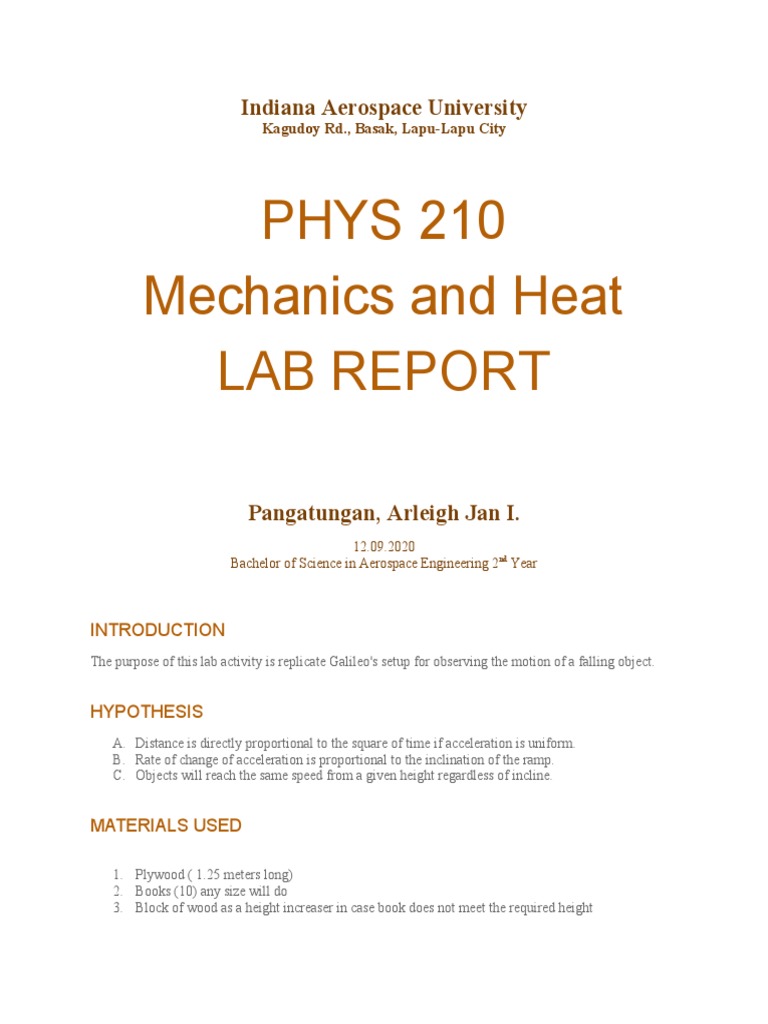 PHYS 210 Mechanics and Heat Lab Report: Indiana Aerospace University | PDF | Acceleration | Force