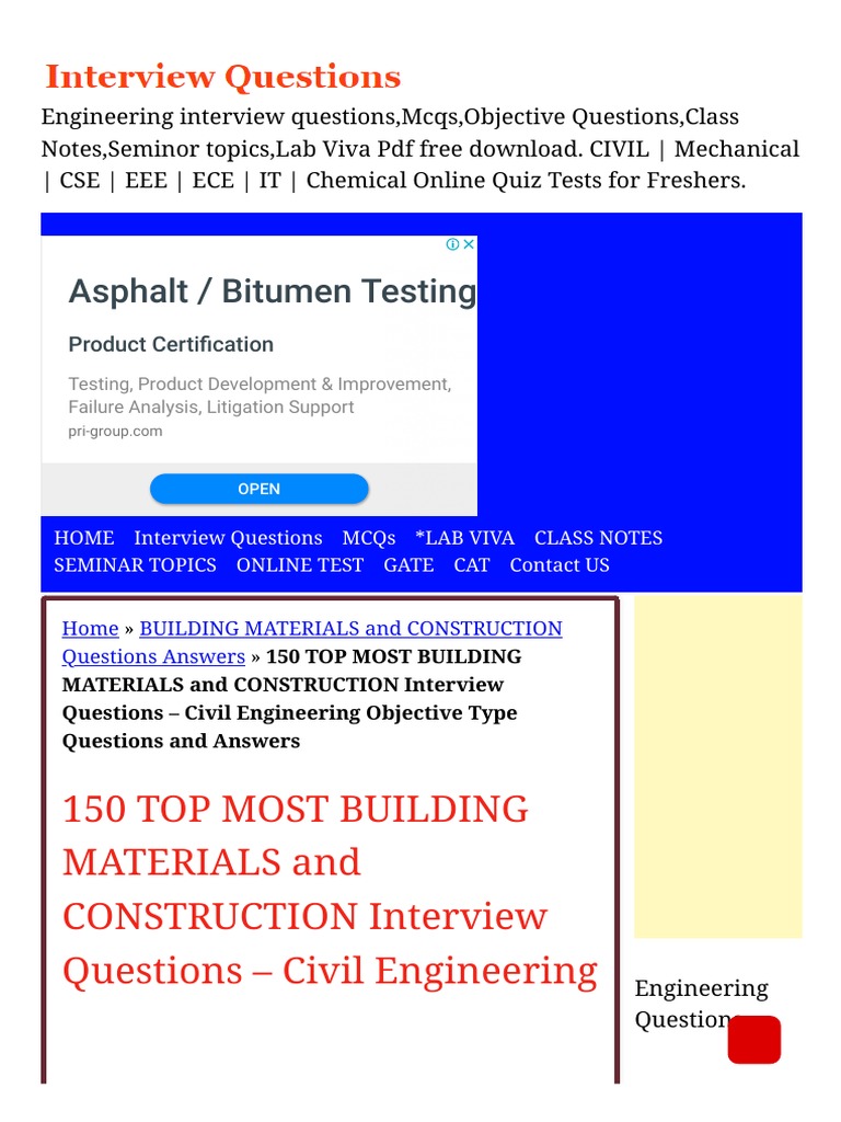 150 TOP BUILDING MATERIALS and CONSTRUCTION MCQs P | PDF | Cement | Stairs