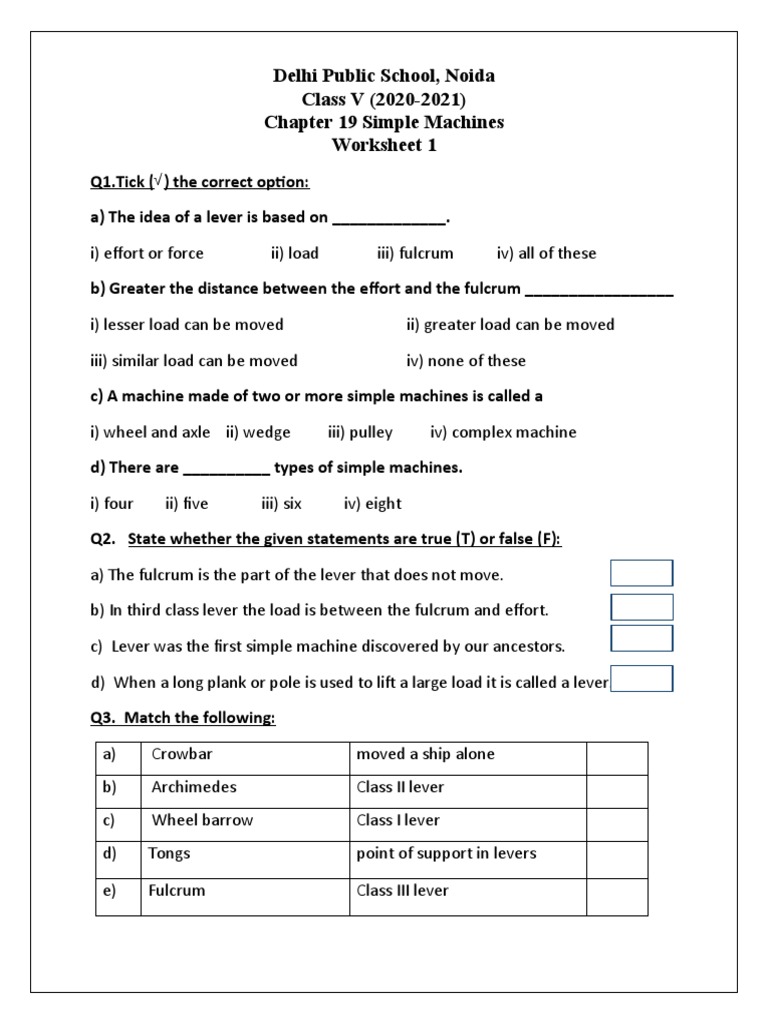 Simple Machines Worksheet for Class 5 | PDF | Lever | Machines