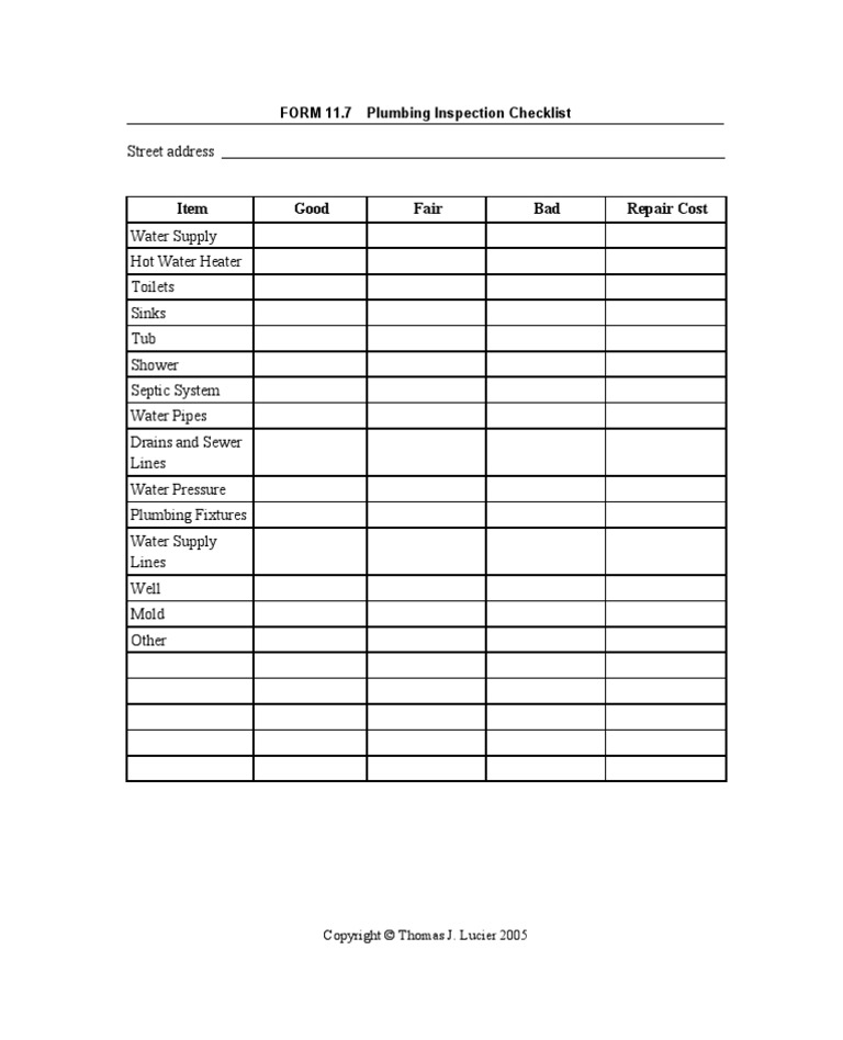 Plumbing Inspection Checklist - Form 11.7 | PDF | Plumbing | Sanitation