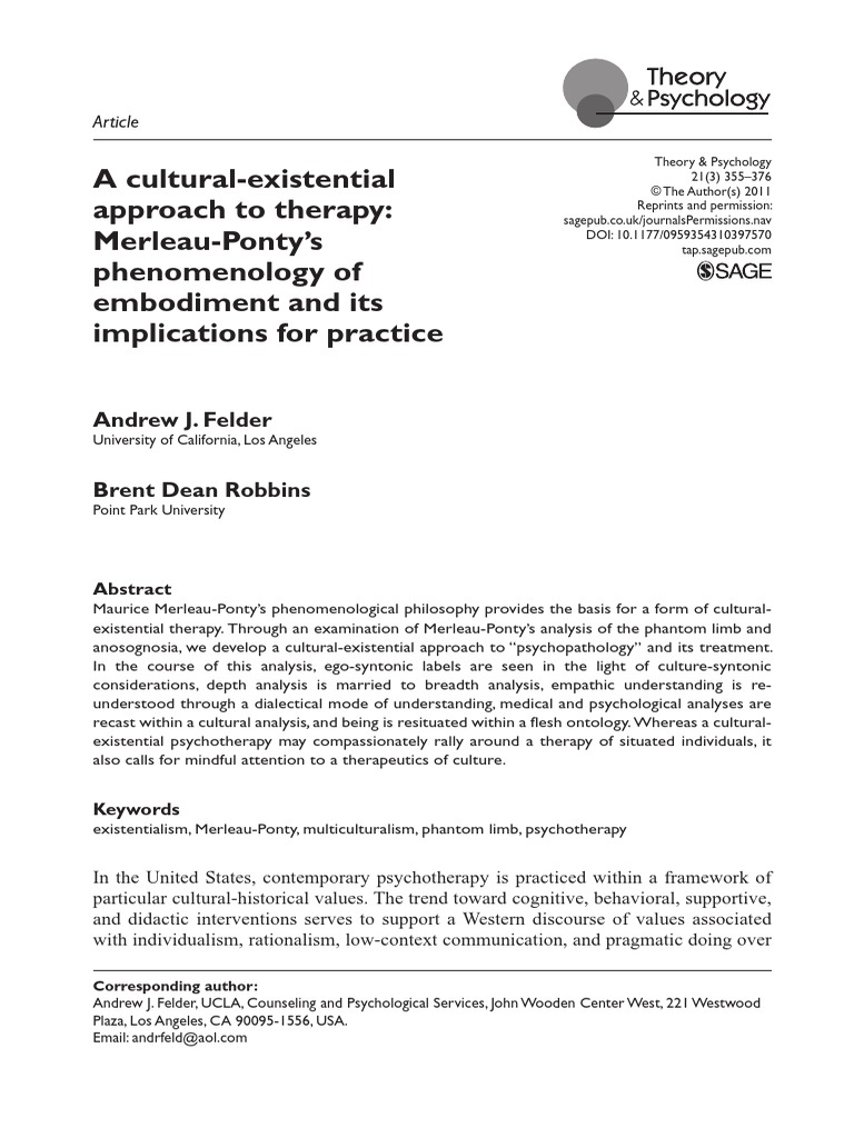 A Cultural-Existential Approach To Therapy Merleau-Ponty's ...