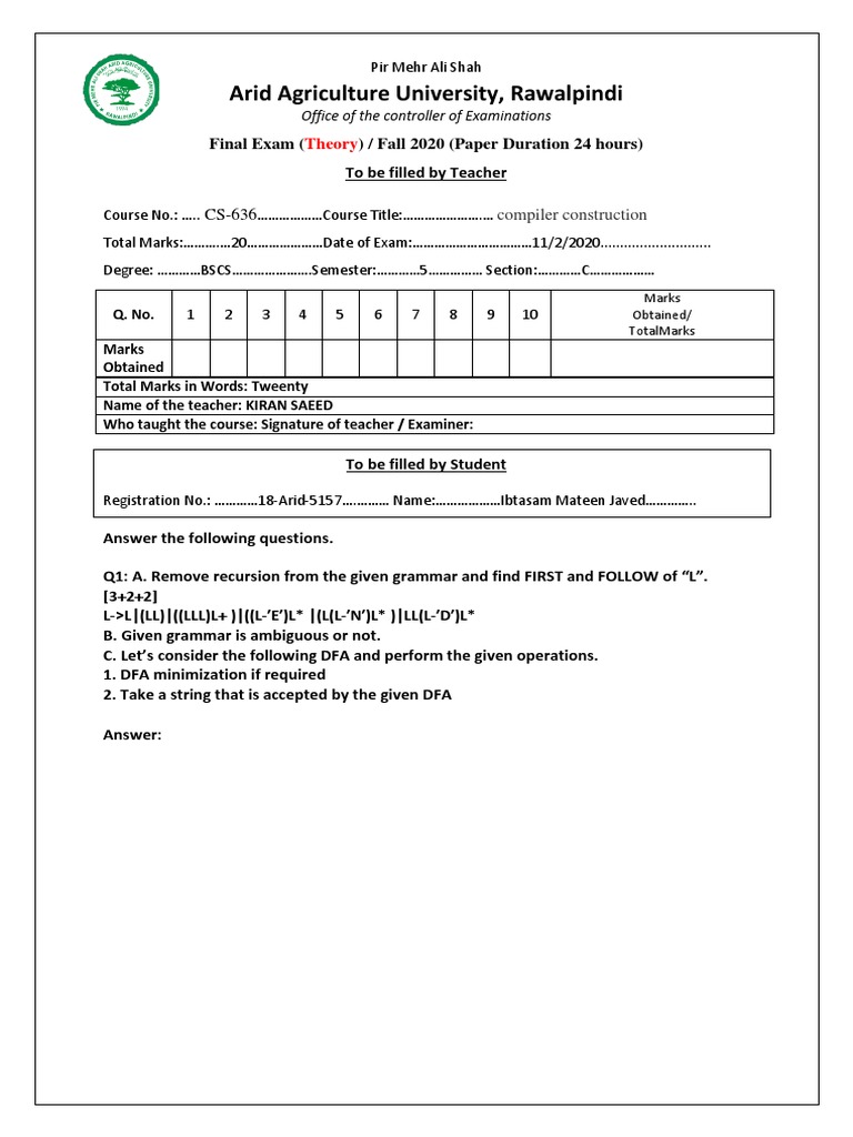 Ibtasam Mateen 18 Arid 5157 Compiler Theory Pdf