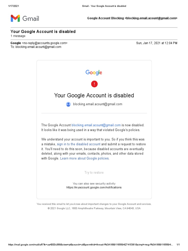 Gmail - Your Google Account Is Disabled | PDF