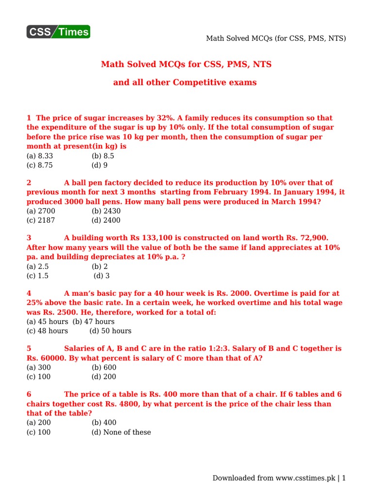 3-Math Solved MCQs (For FPSC, PPSC, CSS, PMS, NTS) | PDF | Overtime ...