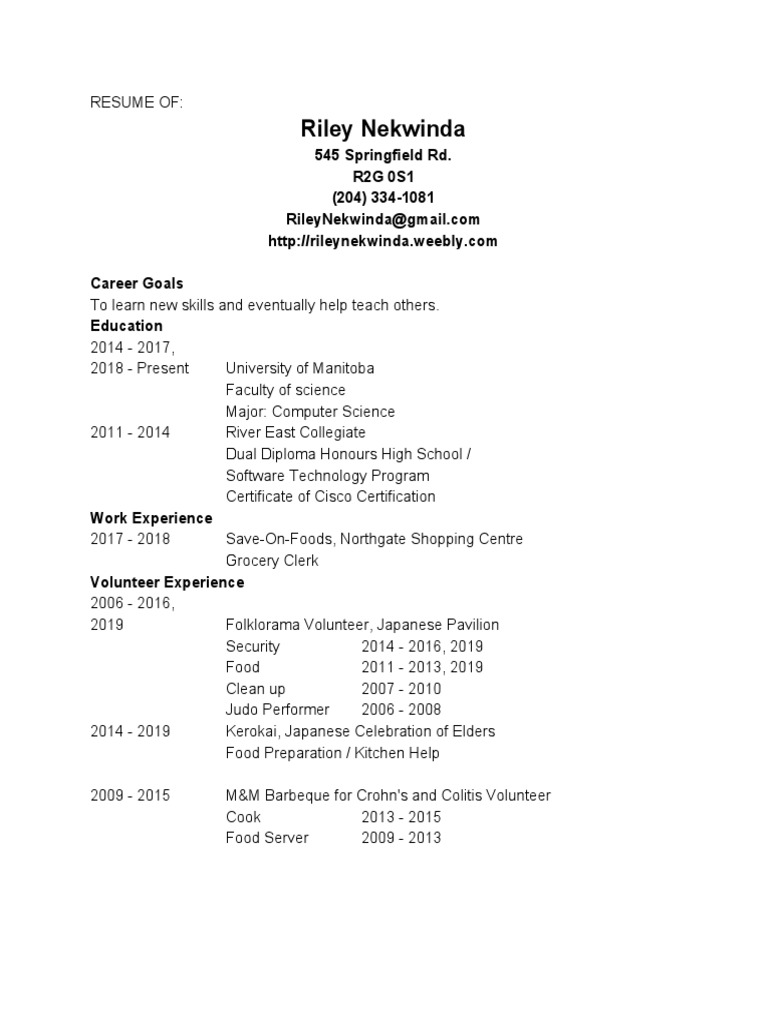 Resume of Riley Nekwinda | PDF | Career & Growth