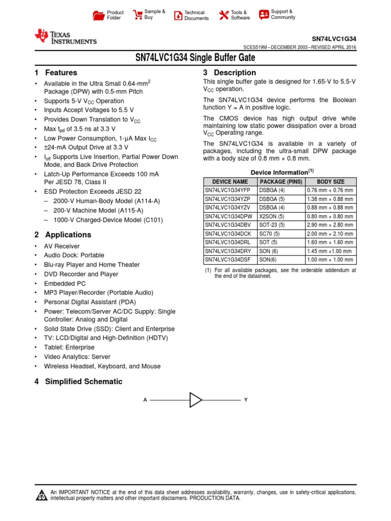 SN74LVC1G34 Single Buffer Gate: 1 Features 3 Description | PDF ...