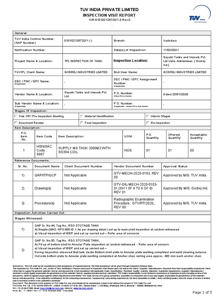 Tuv India Private Limited: Inspection Visit Report | PDF | Calibration ...