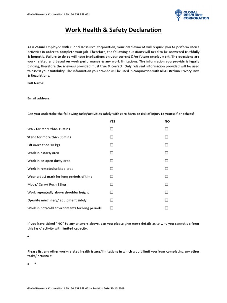 GRC WHS Declaration 2019 | PDF | Employment | Occupational Safety And ...