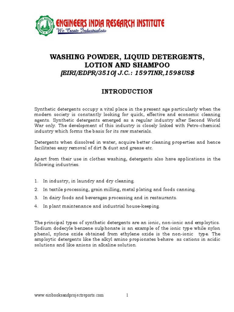 Project Report On Washing Powder, Liquid Detergents, Lotion and Shampoo ...