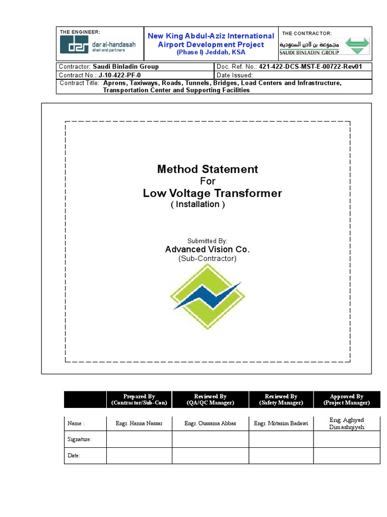 Method Statement Low Voltage Transformer: (Installation) | PDF ...
