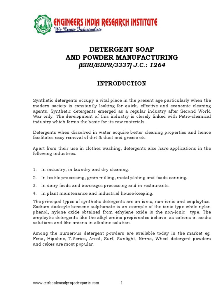 Project Report On Detergent Soap and Powder Manufacturing | PDF ...