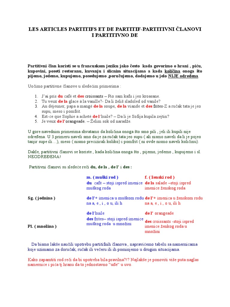 Les Articles Partitifs Et de Partitif-Partitivni Članovi I Partitivno ...